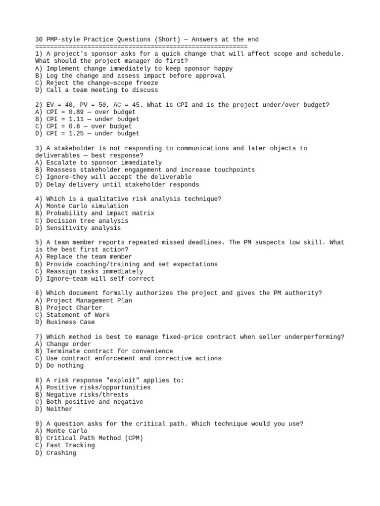 PMP Practice Questions and Answers | PDF | Scrum (Software Development) | Business