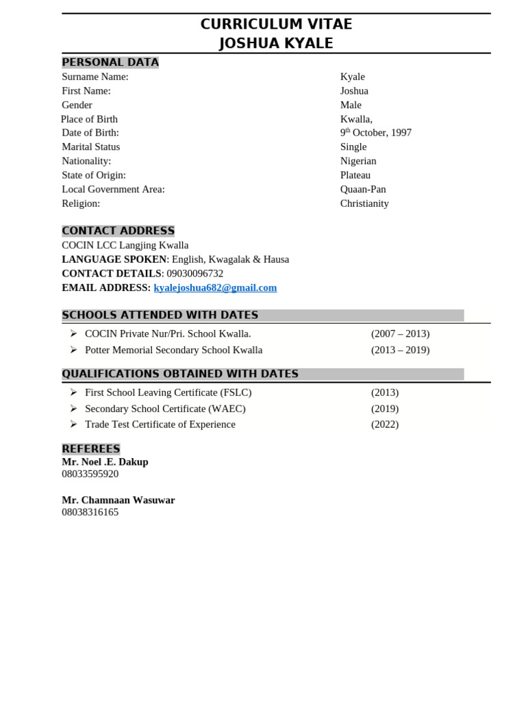 Joshua Kyale's CV and Qualifications | PDF