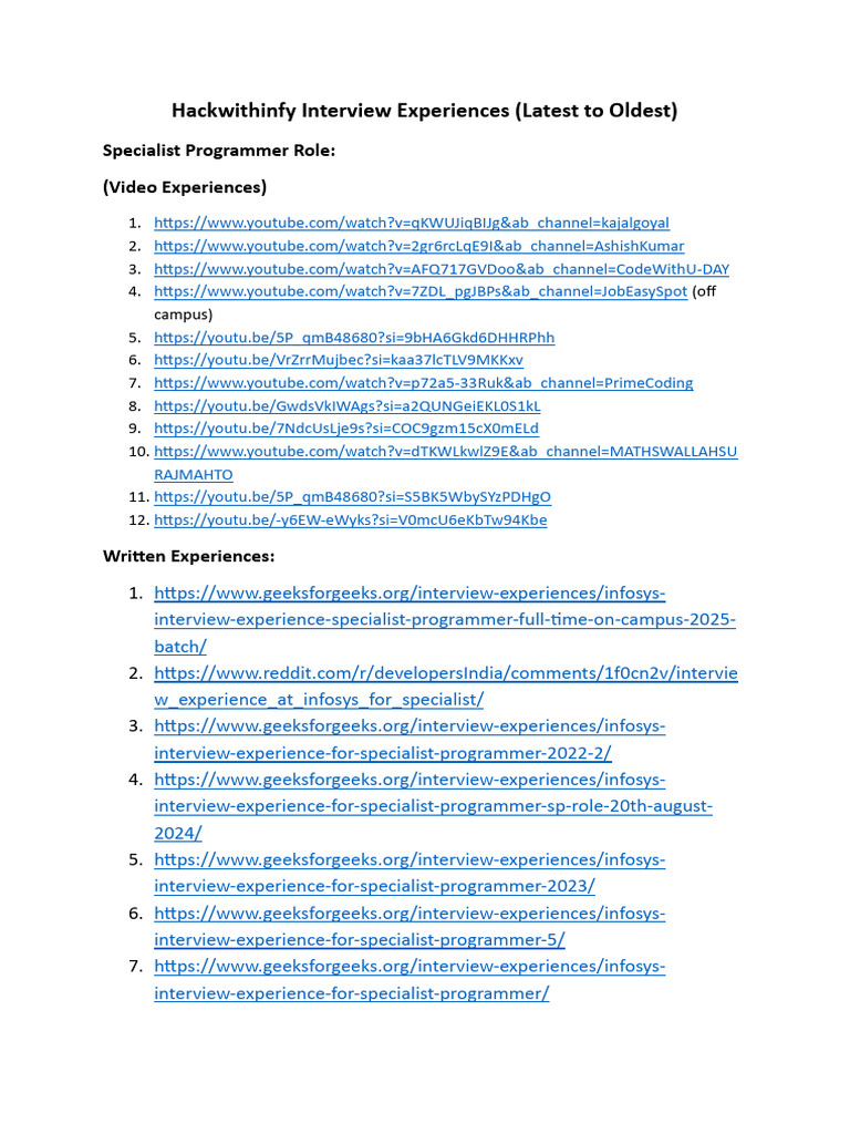 Hackwithinfy Interview Experiences SP Role | PDF