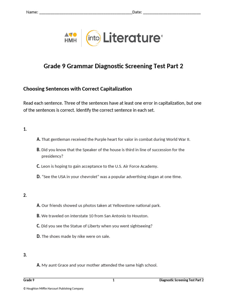Grade 9 Grammar Diagnostic Test | PDF | Turtle | Punctuation