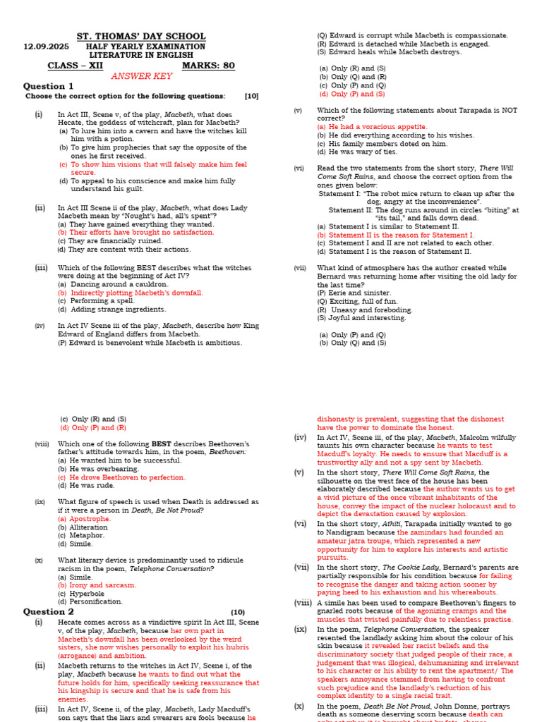 Class Xi1 - E. Lit-Half Yearly (2025-26) - Answer Key | PDF | Macbeth