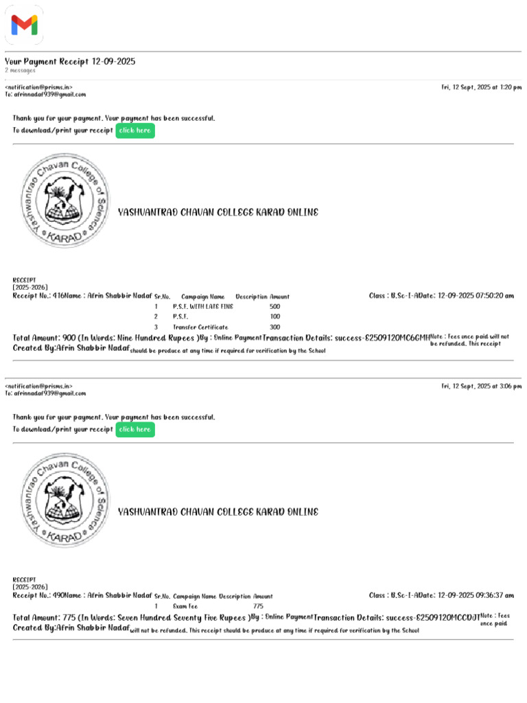 Online Payment Receipts for Afrin Nadaf | PDF