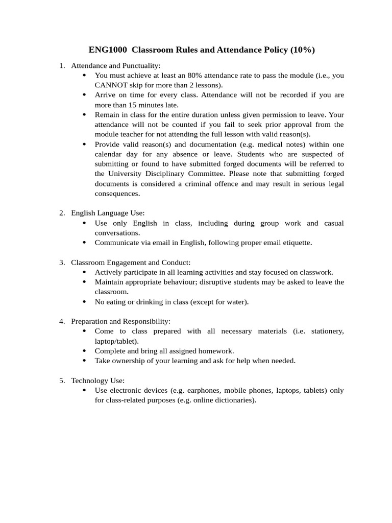 ENG1000 Classroom Rules and Attendance Policy | PDF | Teachers | Learning