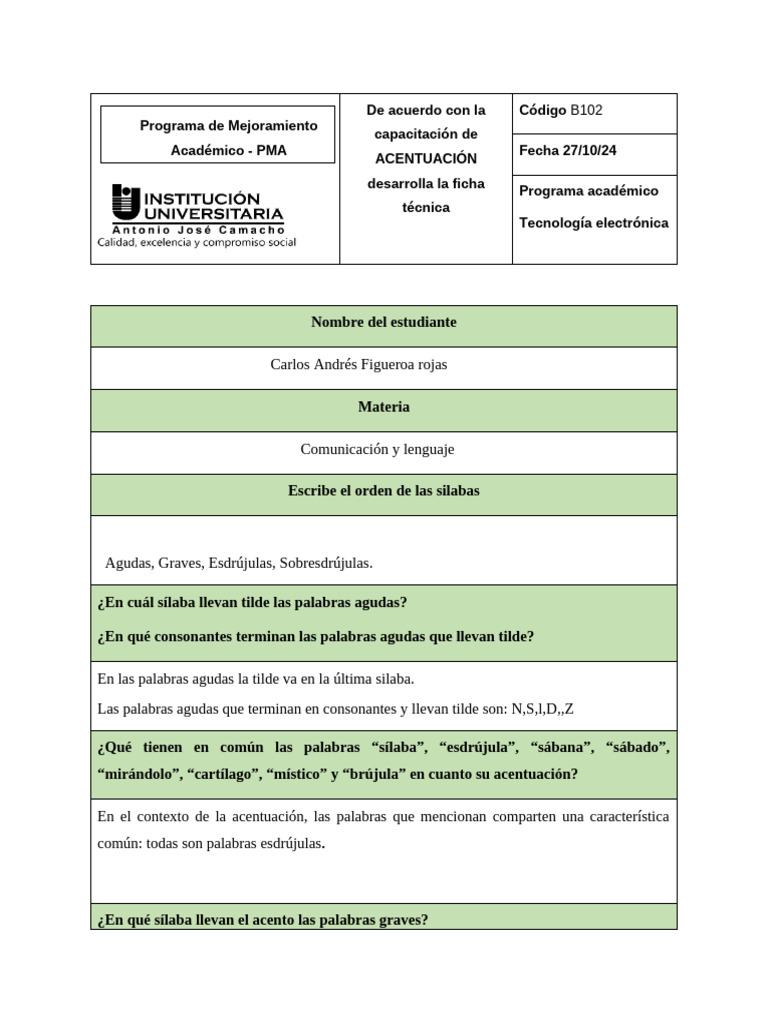Acentuación: Tilde en Palabras Agudas | PDF