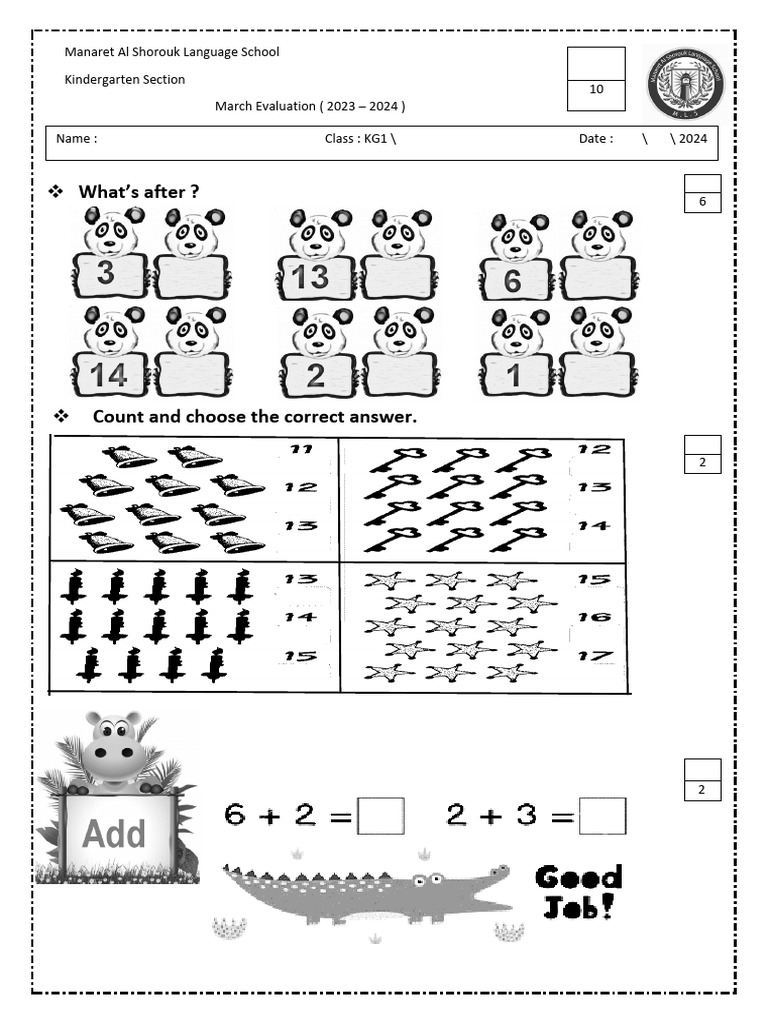 Math Evaluation March Kg1 | PDF