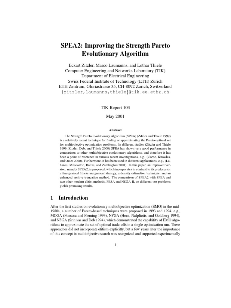 SPEA2 - Improving The Strength Pareto Evolutionary Algorithm | PDF | Genetic Algorithm ...