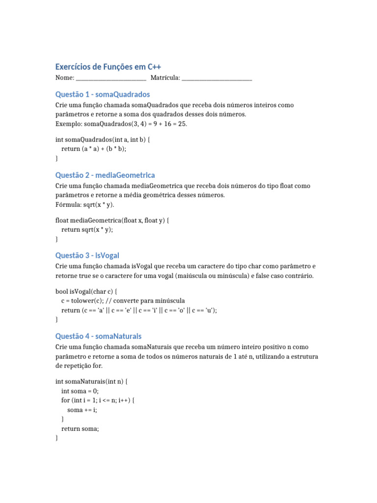Exercicios Funcoes CPP | PDF