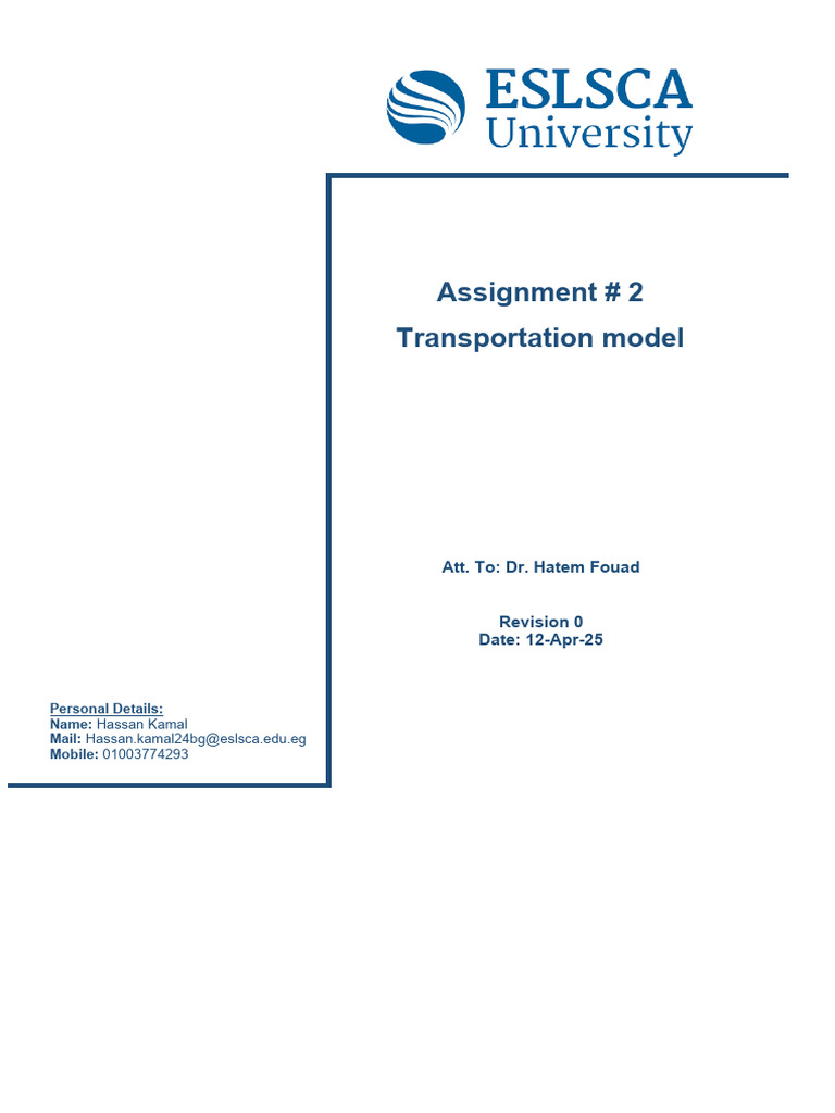 Transportation Model Assignment Analysis | PDF