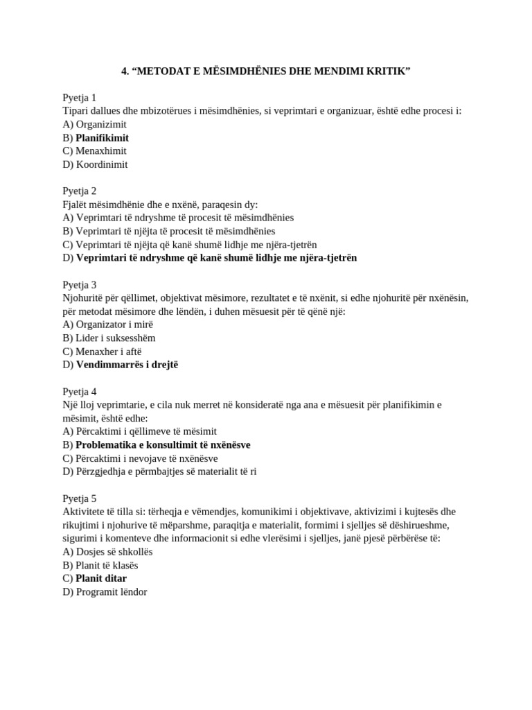 "Metodat e Mësimdhënies Dhe Mendimi Kritik" | PDF