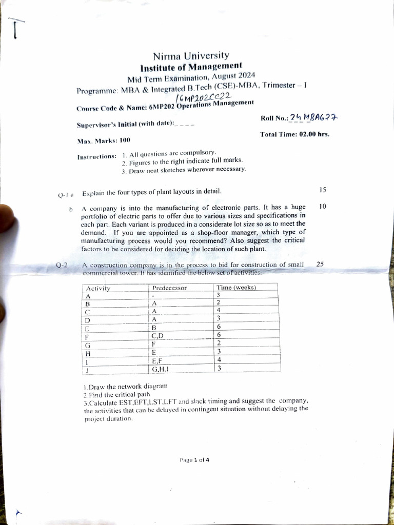 MBA Operations Management Exam 2024 | PDF | Statistical Analysis ...