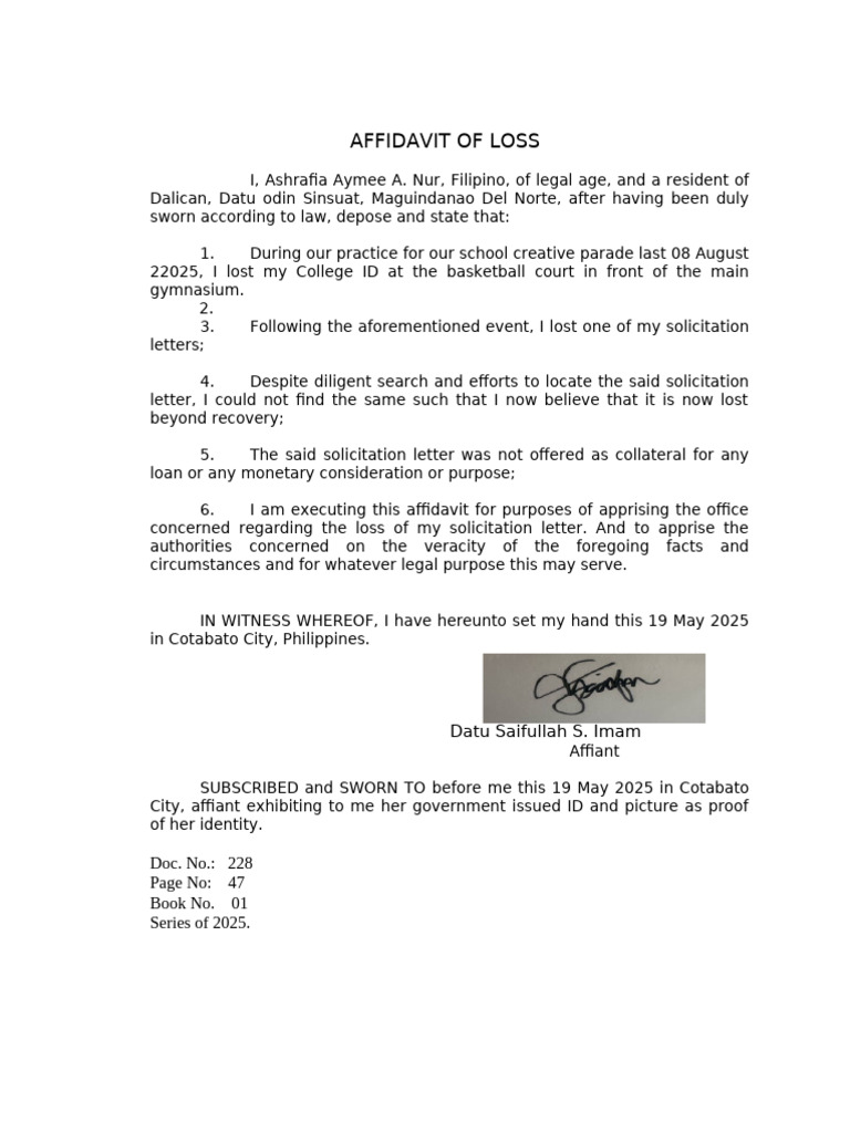 Affidavit of Loss for College ID and Letter | PDF