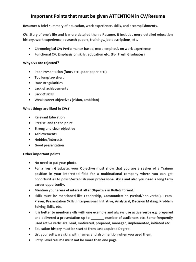 Key Points for an Effective CV/Resume | PDF | Résumé | Psychological ...