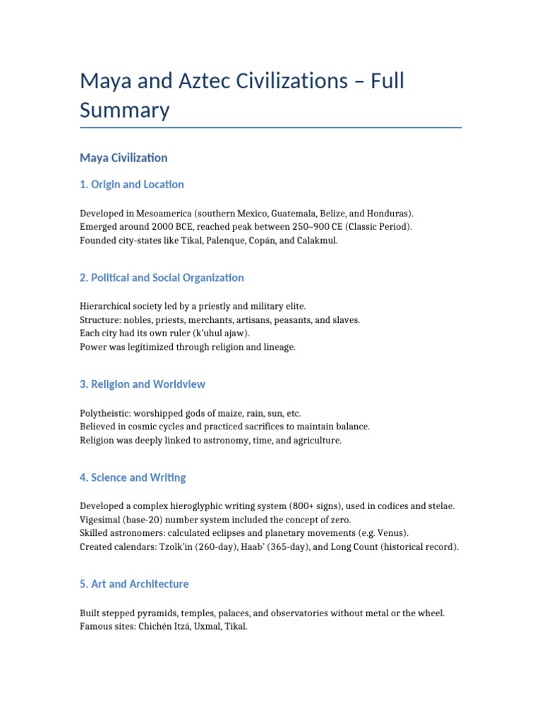 Maya and Aztec Civilizations Summary | PDF | Maya Civilization ...