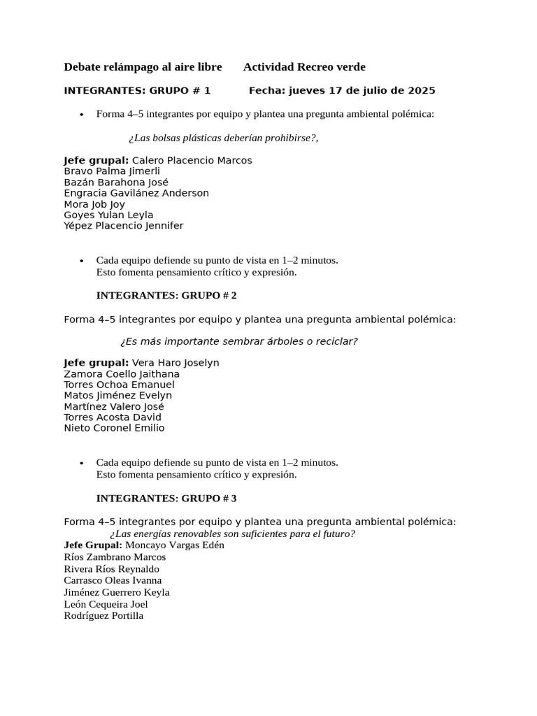 Debate Relámpago Al Aire Libre Actividad Recreo Verde | PDF