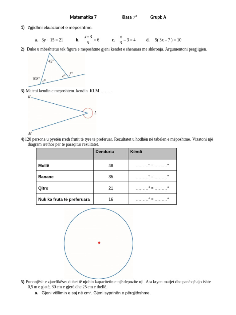 Test Periudha 2. Matematika 7A. GrA. 2025 | PDF