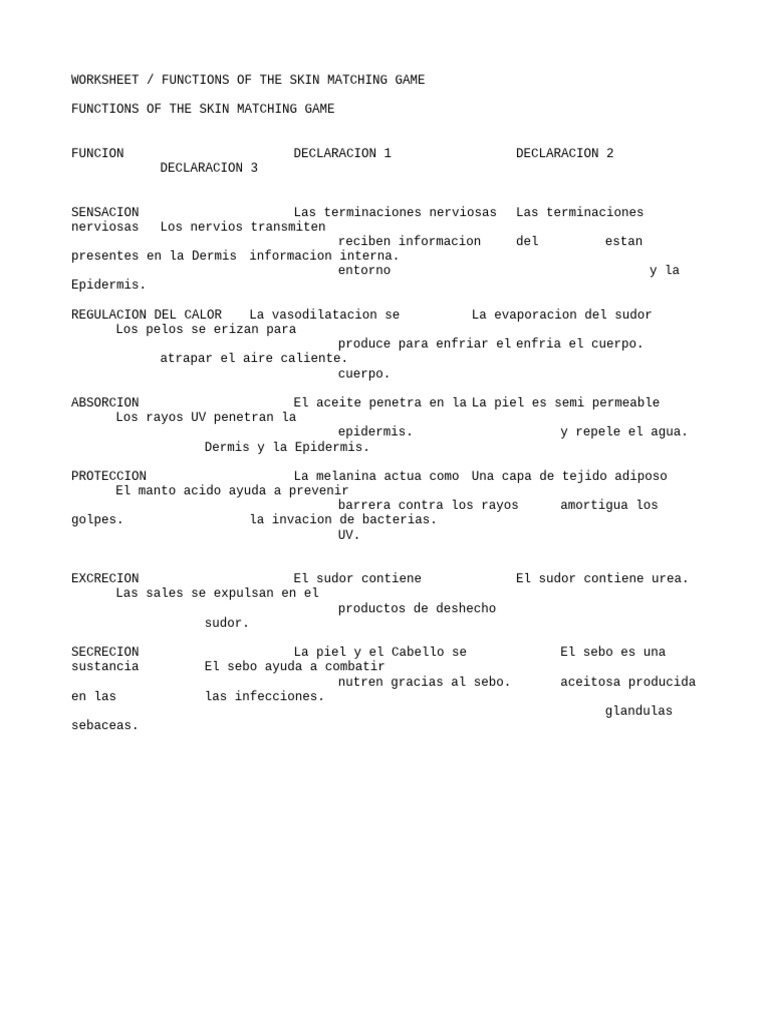 Worksheet - Functions of The Skin Matching Game | PDF