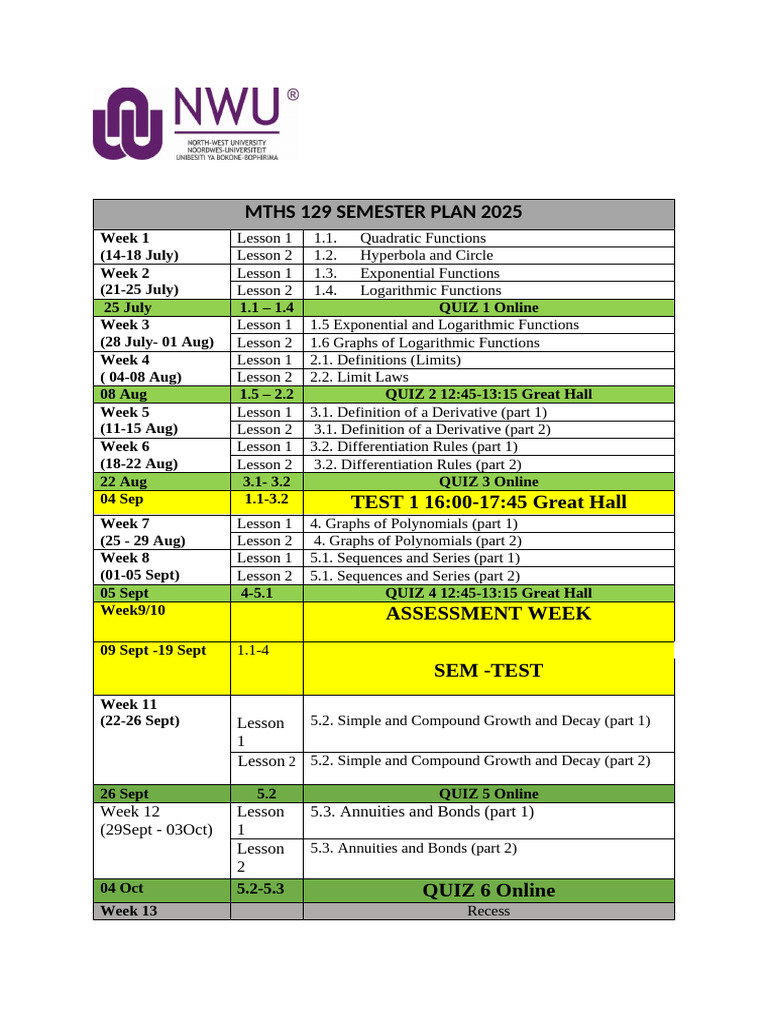 MTHS 129 2025 Semester Plan | PDF