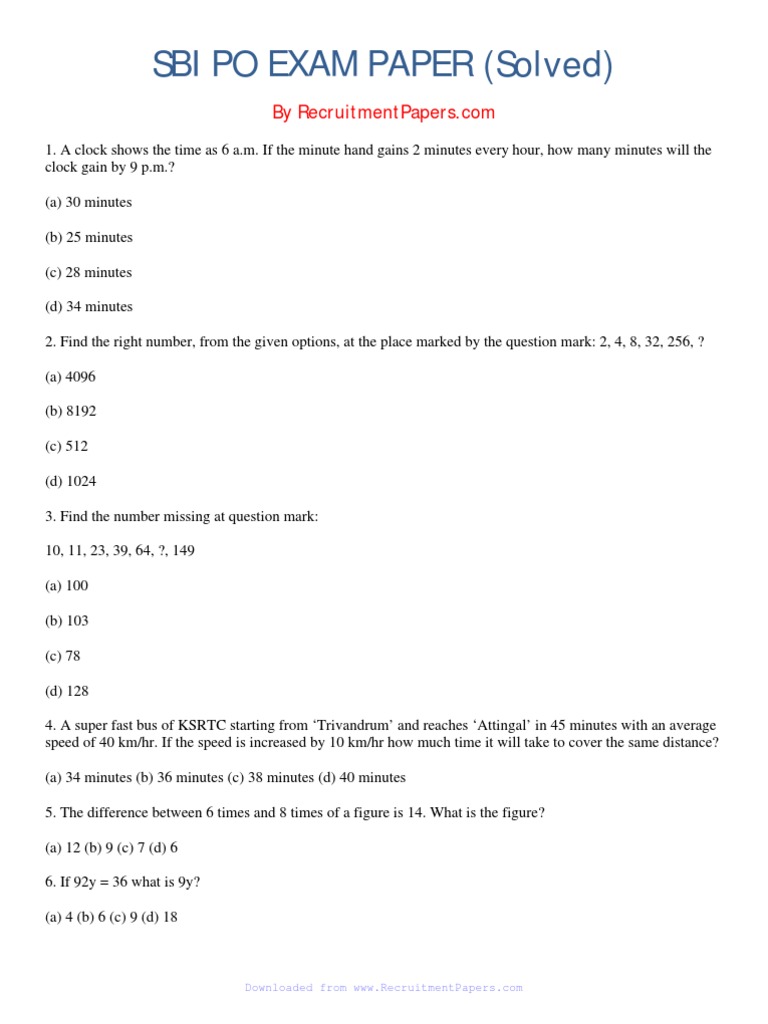 Sbi Po Exam Paper (Solved) | PDF