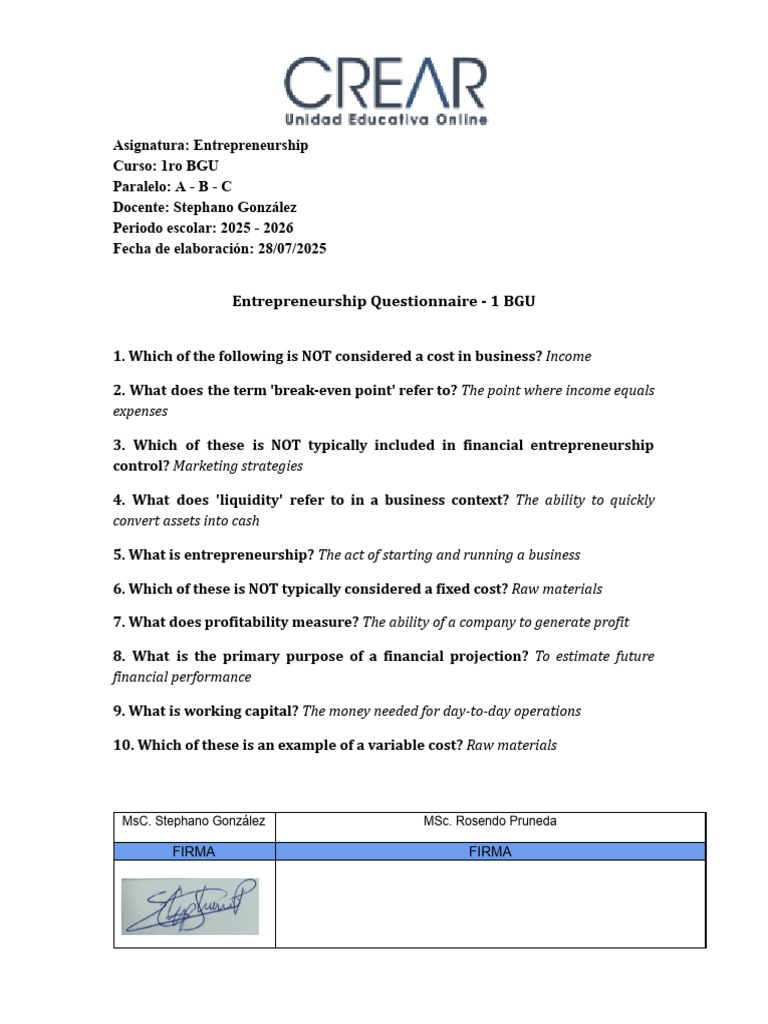 Entrepreneurship Cuestionario 1 BGU | PDF | Money | Cost