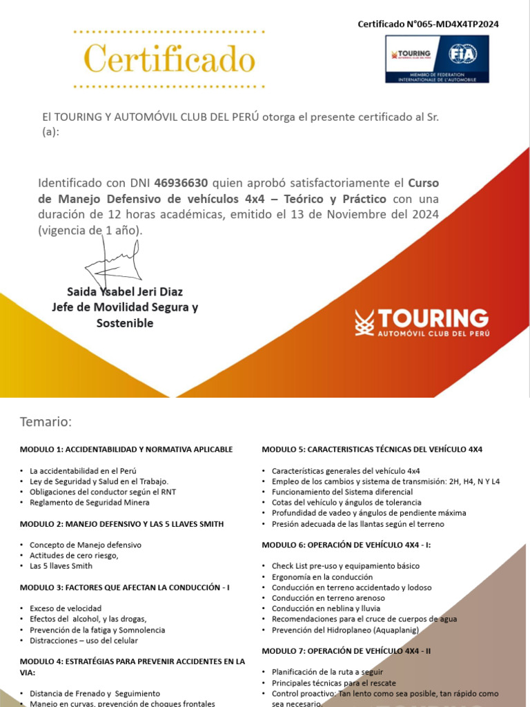 Certificado - Manejo 4x4 Tp Eloy Javier Portuguez Arroyo | PDF | Tracción en las cuatro ruedas ...
