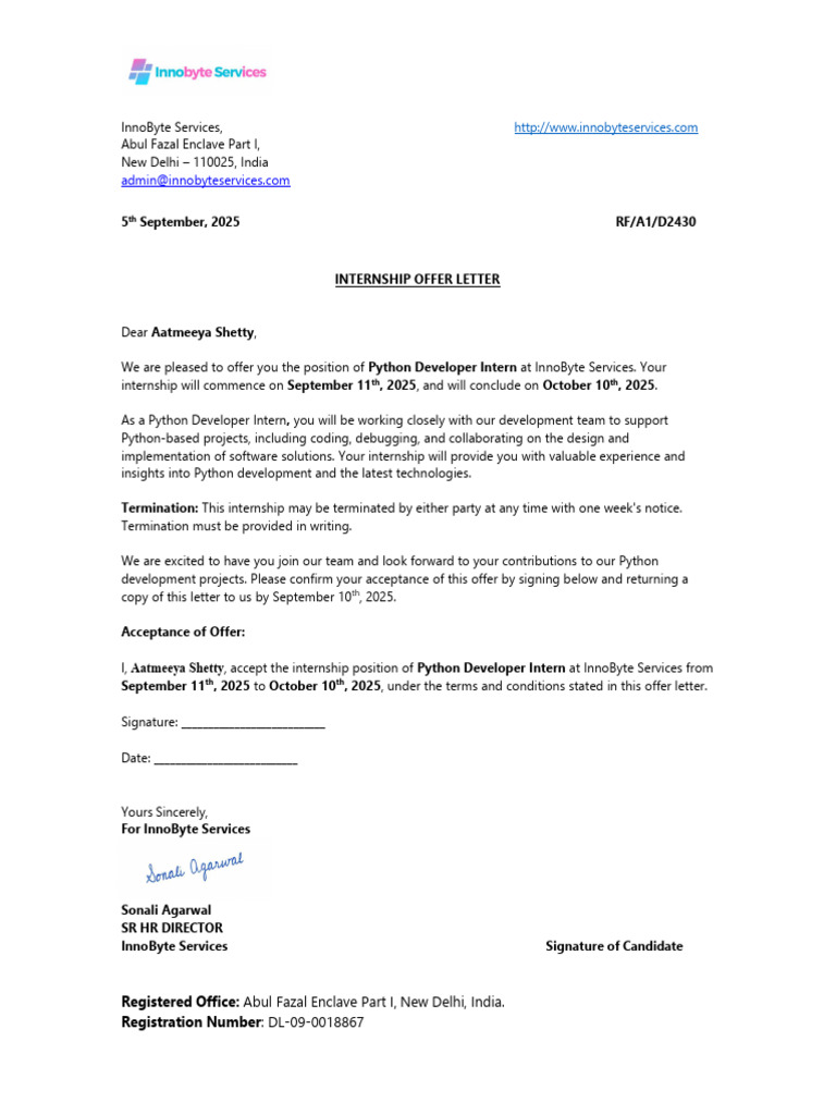 Python Developer Internship Offer Letter | PDF