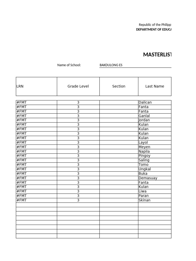 Masterlist For Learners Record Clinic | PDF