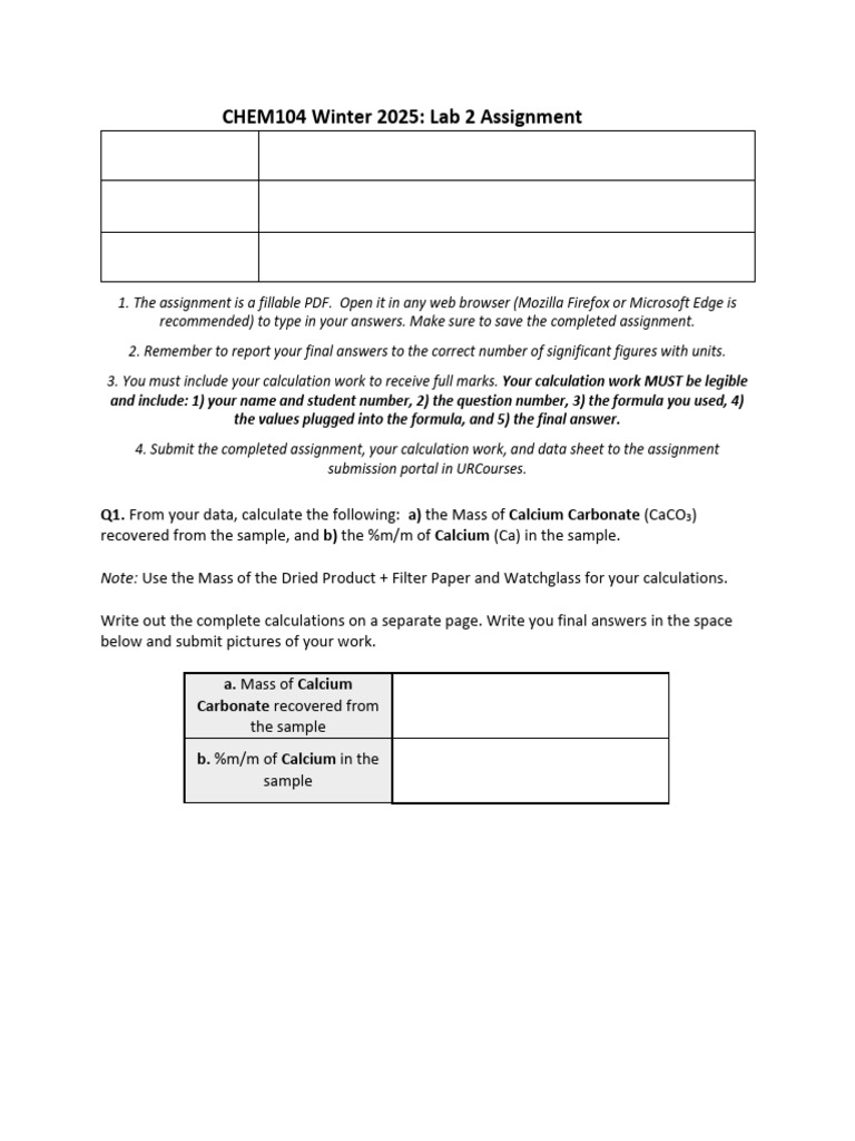 CHEM104 Winter 2025 Lab 2 Assignment | PDF