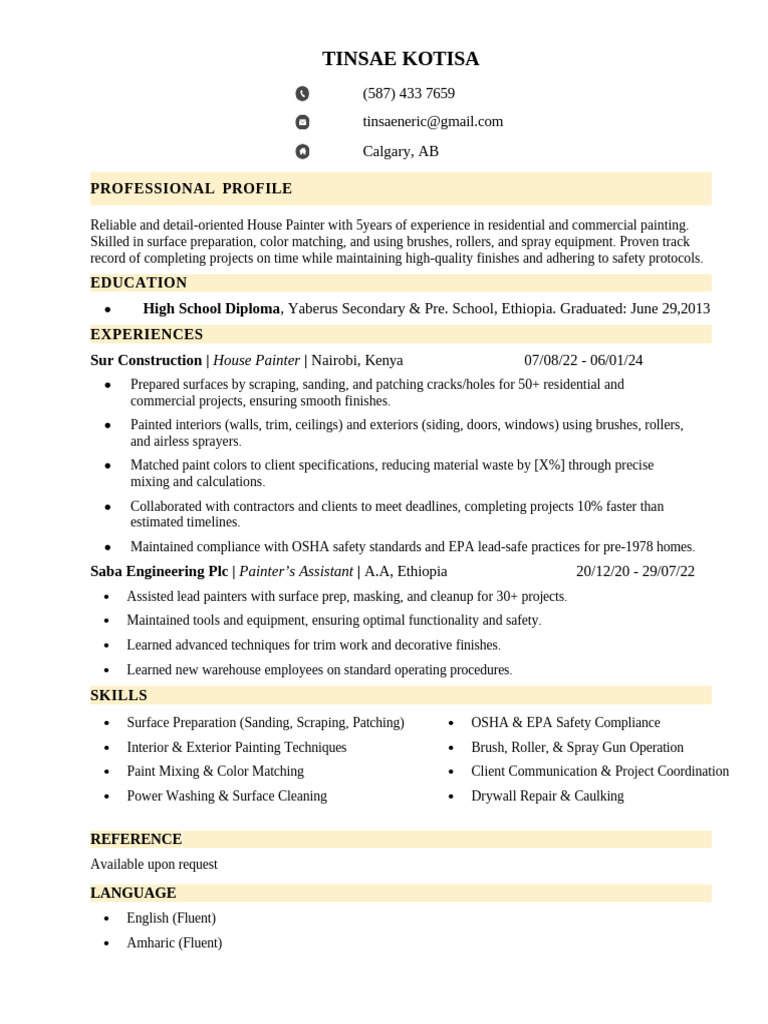 House Painter Resume for Tinsae Kotisa | PDF