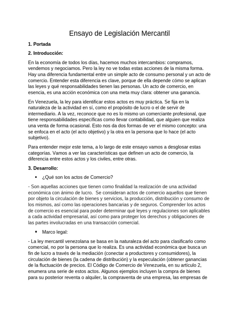 Ensayo, Actos de Comercio, de Legislación Mercantil | PDF | Comercio | Mercado (economía)