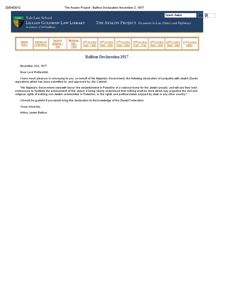 Balfour Declaration November 2, 1917 | PDF