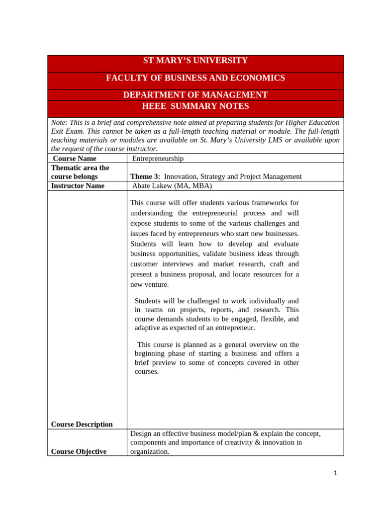 EntreprenuerShip For CDEE Notes and Worksheet | PDF | Entrepreneurship ...