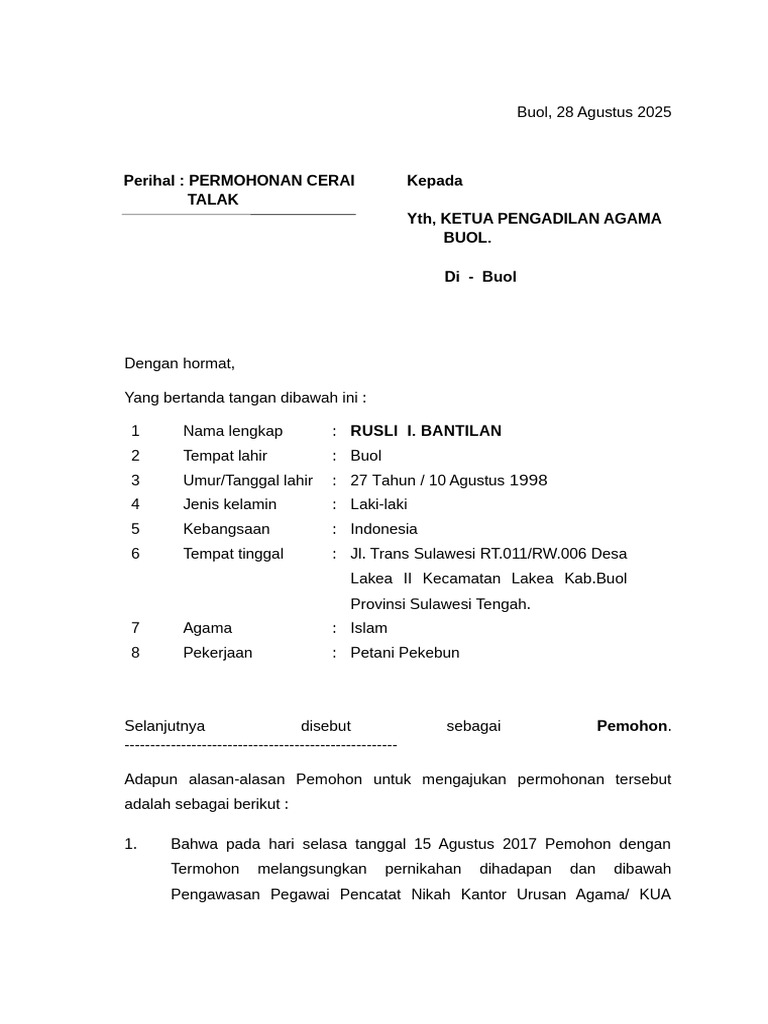 Pemohon Mengajukan Permohonan Cerai Talak | PDF