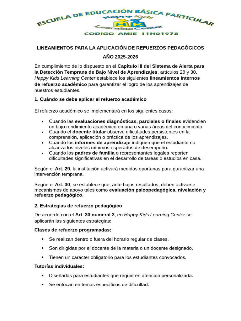 Lineamientos para La Aplicación de Refuerzos Pedagógicos Happy Kids | PDF | Maestros | Aprendizaje