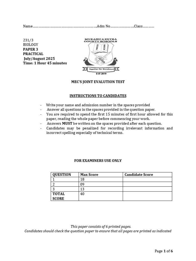 Biology Paper 3 Practical Exam 2025 | PDF