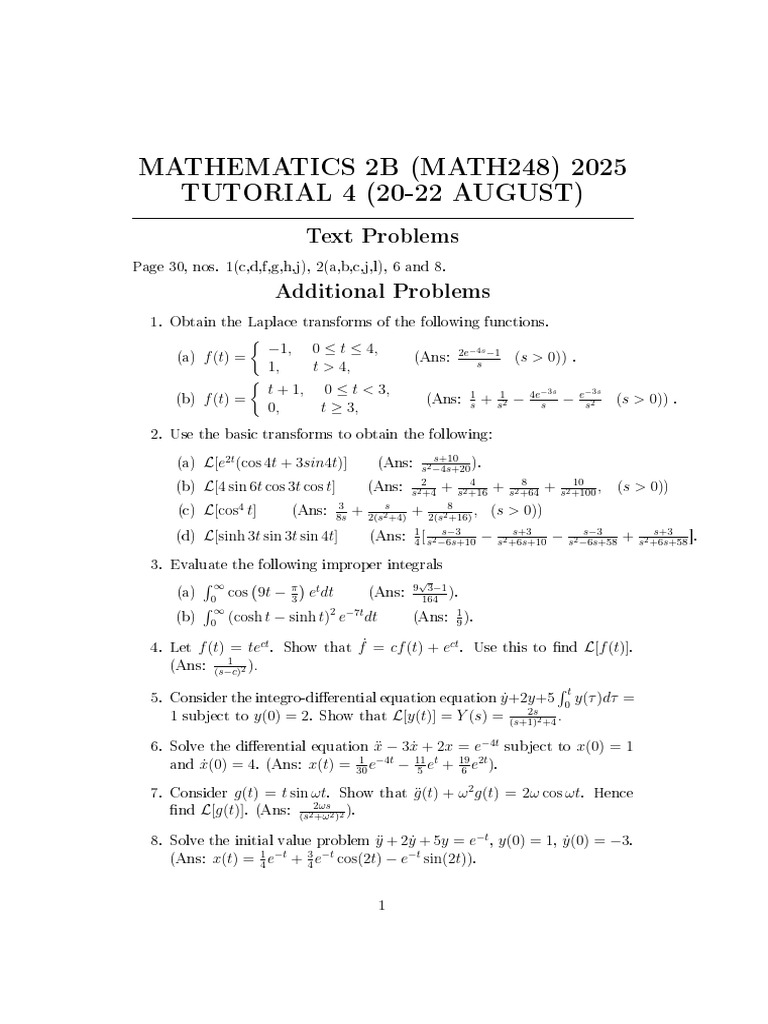 Tutorial 4 (Laplace Transform) | PDF | Calculus | Mathematical Relations