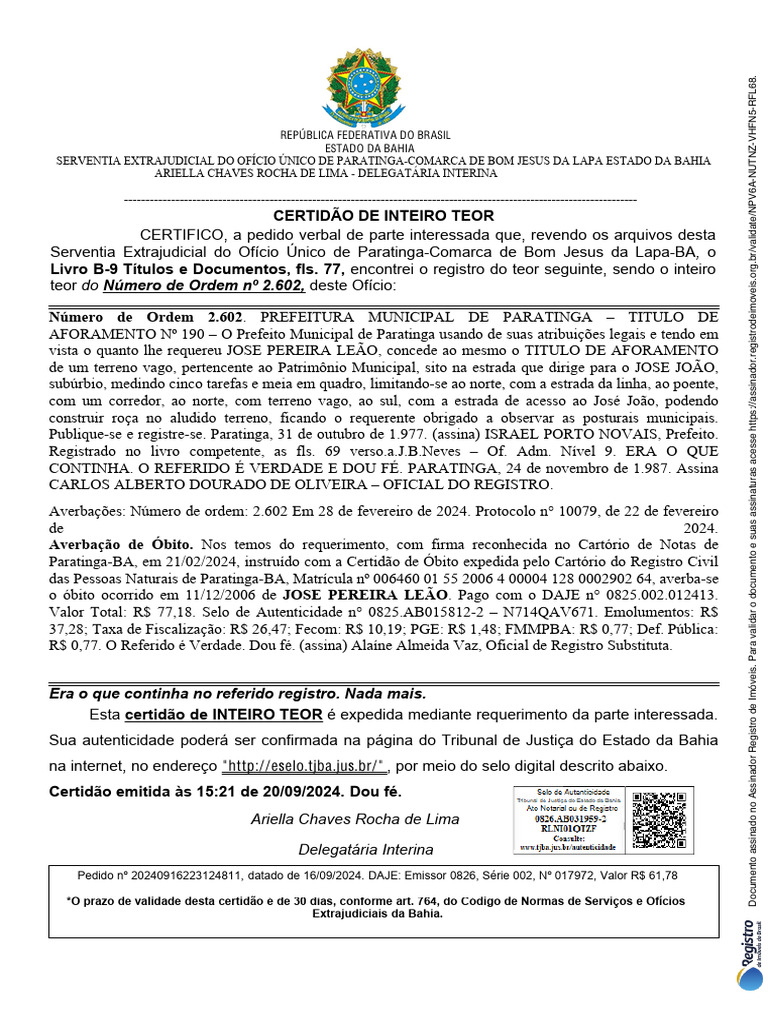 CERTIDÃO DE INTEIRO TEOR Registro 2.602 JOSE PEREIRA LEÃO PARATINGA BAHIA BAIRRO ALTO DA ESTRELA ...