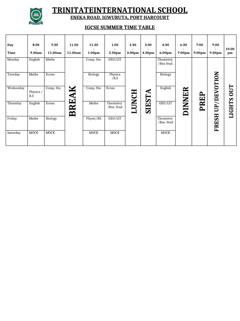 Igcse Summer Time Table 2024 | PDF