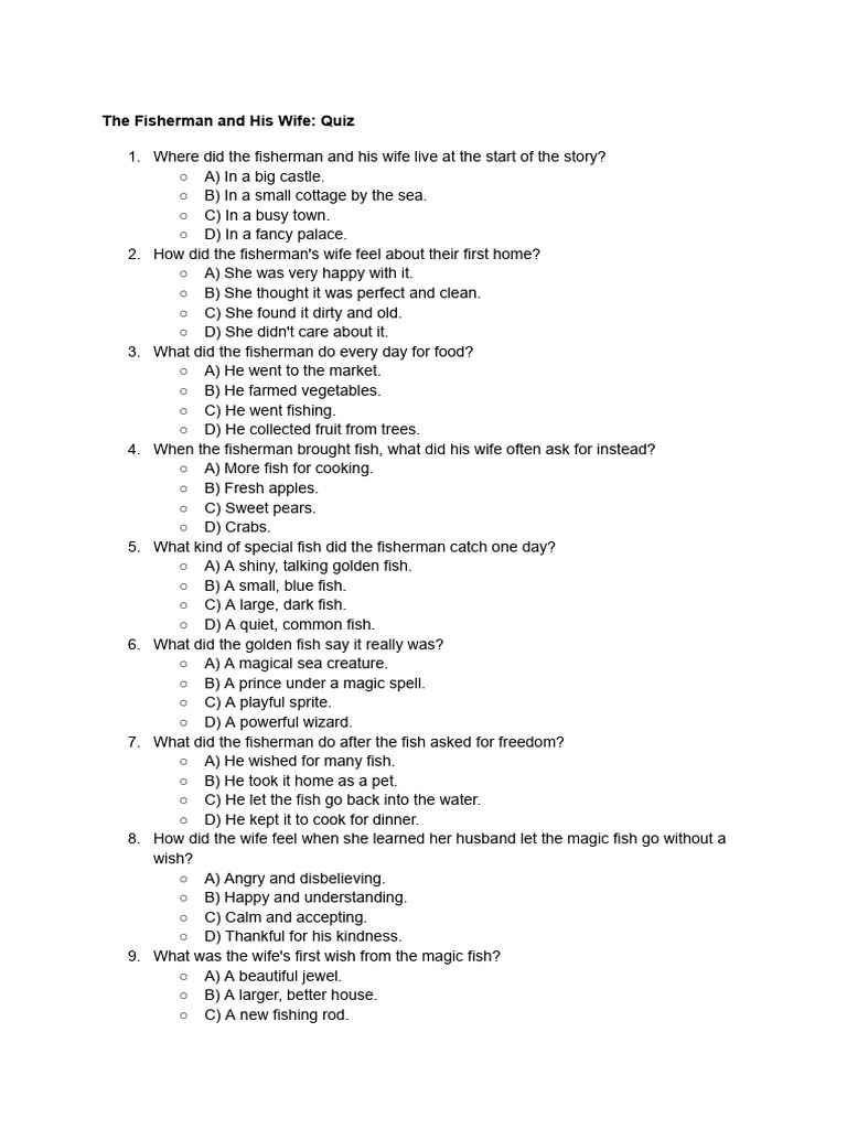 Fisherman and Wife Quiz Questions | PDF | Fantasy Creatures | European ...