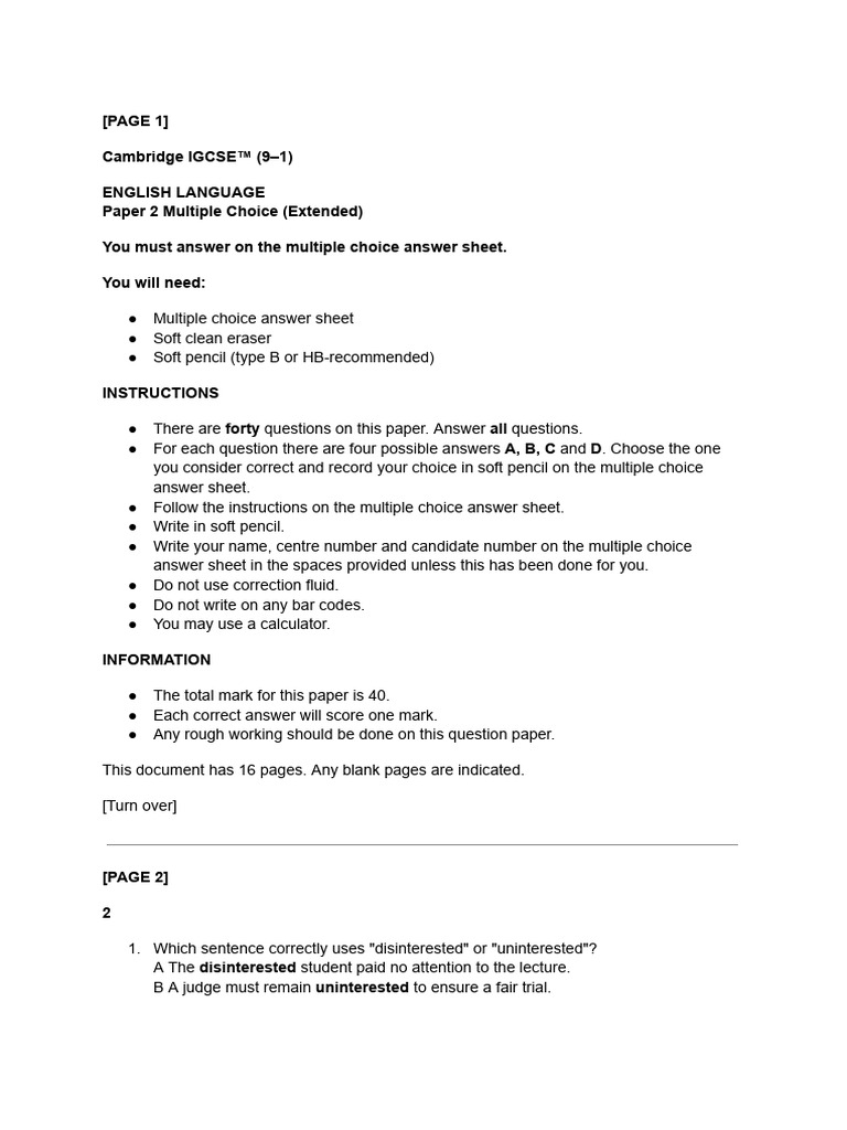 English Language Paper 2 Multiple Choice Questions Extendedd | PDF ...