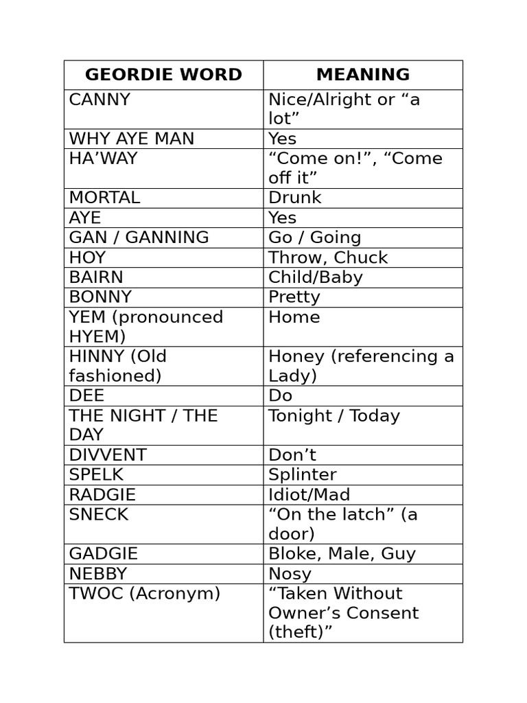 Geordie Words and Meanings | PDF