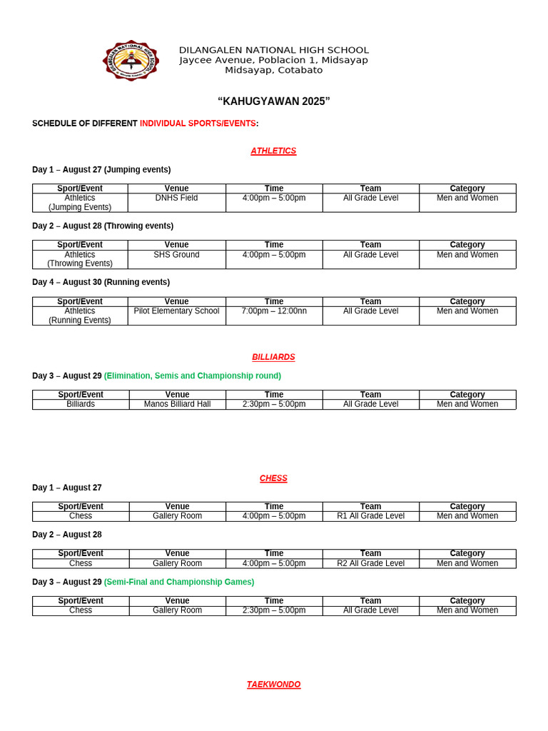 Intrams Updated Schedule of Events | PDF | Ball Games | Summer Olympic Sports