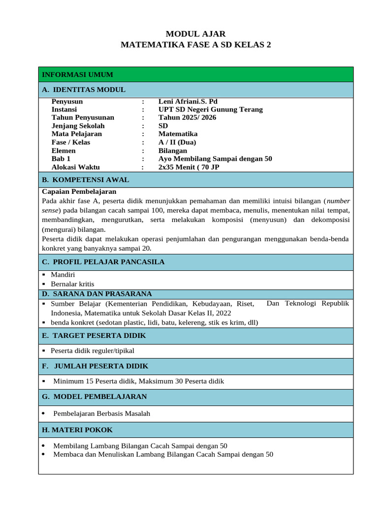 Modul Ajar Video Ukin PPG Tahap 1 Tahun 2025 Materi Ayo Membilang 1-50 ...