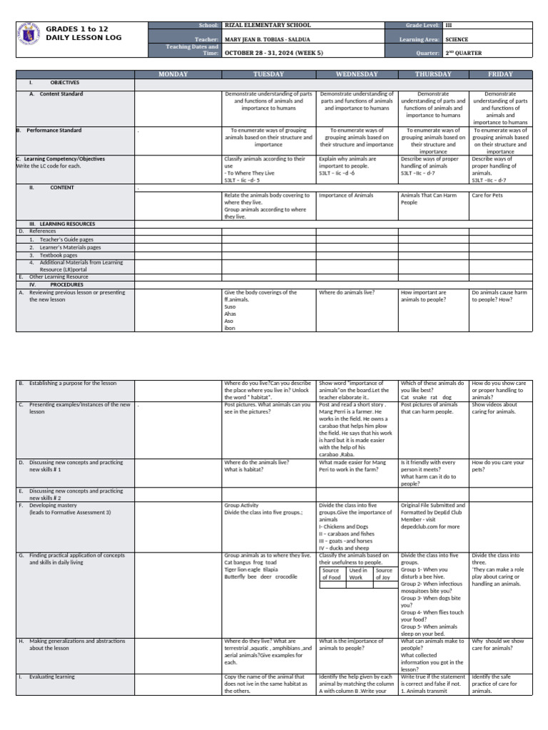 Grade 3 Science Daily Lesson Log | PDF | Biology | Zoology