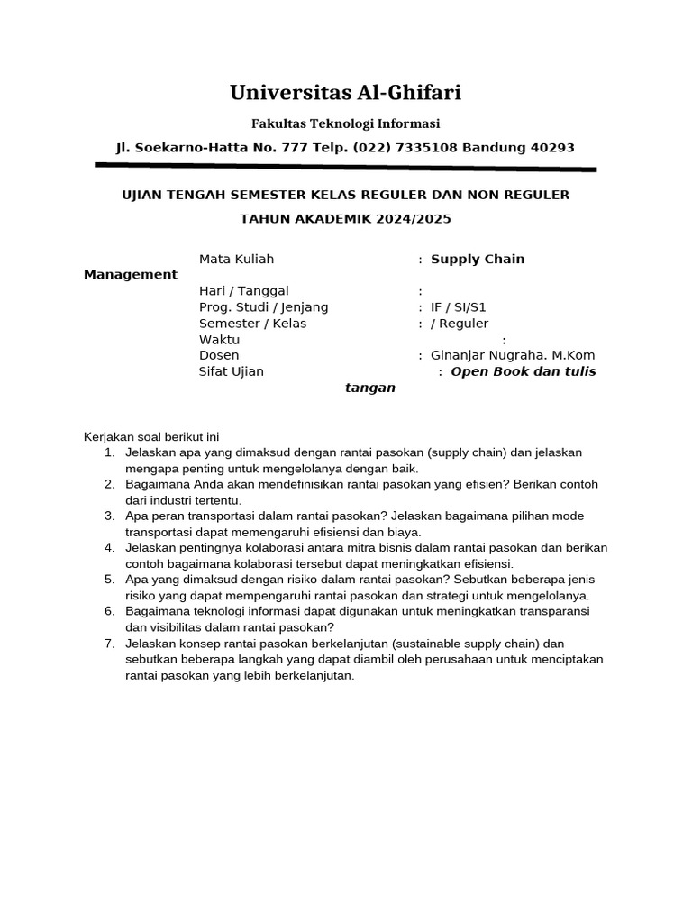 UTS Supply Chain Management 2024/2025 | PDF