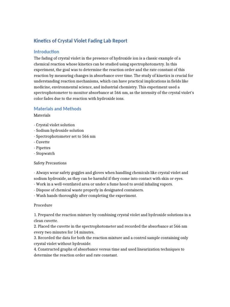 Crystal Violet Fading Kinetics Study | PDF | Spectrophotometry ...