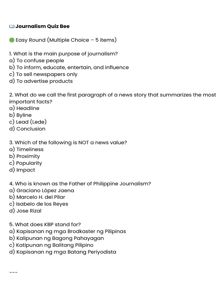 Journalism Quiz Bee Questions & Answers | PDF