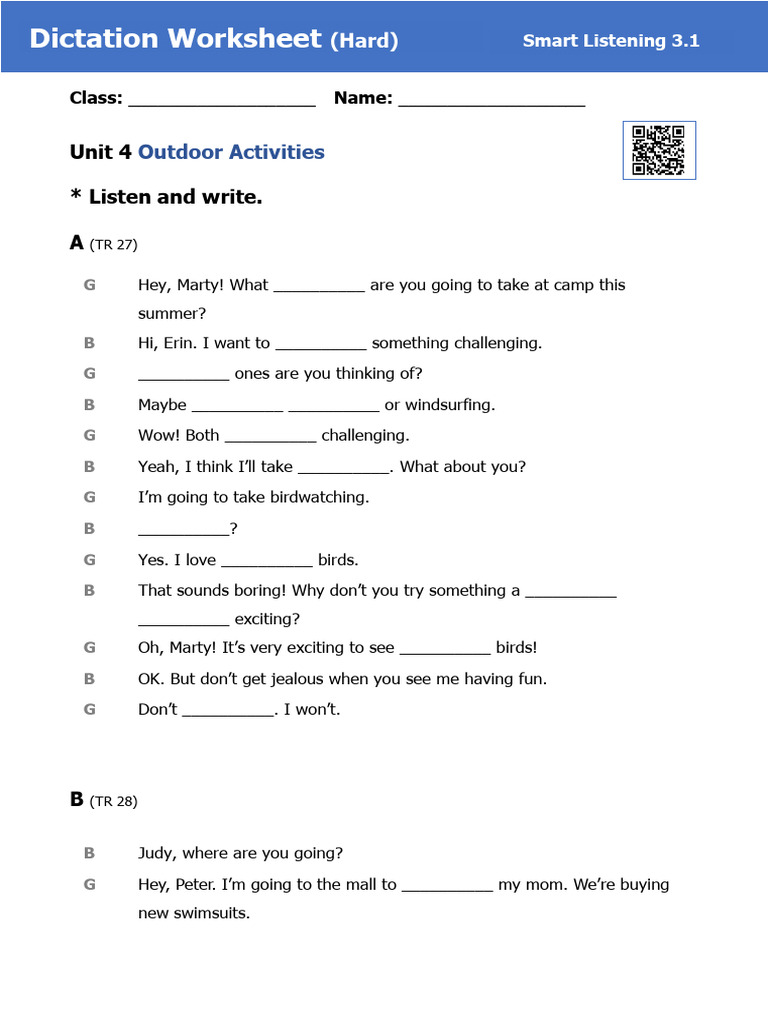 Outdoor Activities Dictation Worksheet | PDF