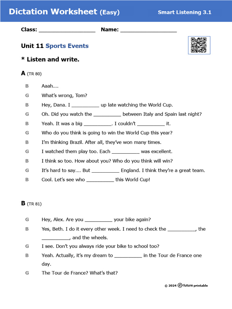 Smart Listening 3.1 Dictation Worksheet U11 Easy | PDF