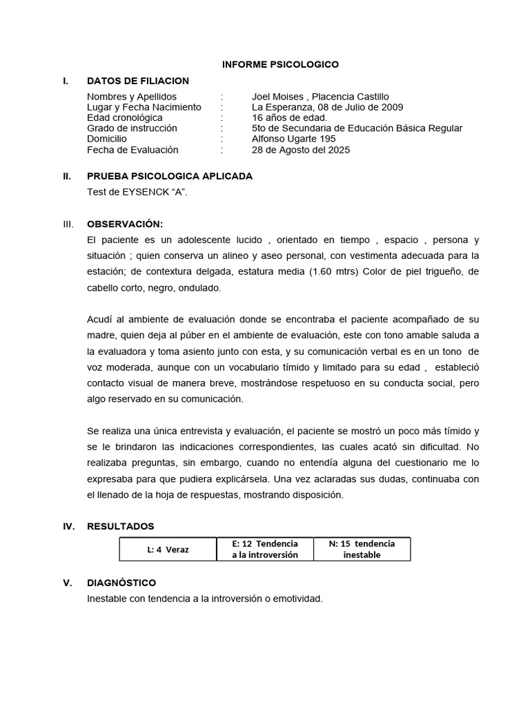 Informe Psicológico de Adolescente Timido | PDF | Las emociones | Timidez