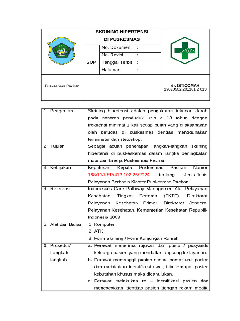 Sop Skrining HT Kluster 3 Ilp | PDF